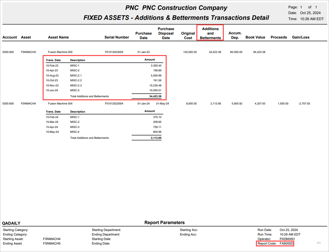 Fixed Assets - Additions/Betterments Details Report