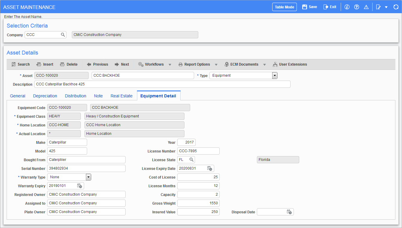Fixed Assets - Asset Maintenance - Equipment Detail - Tab