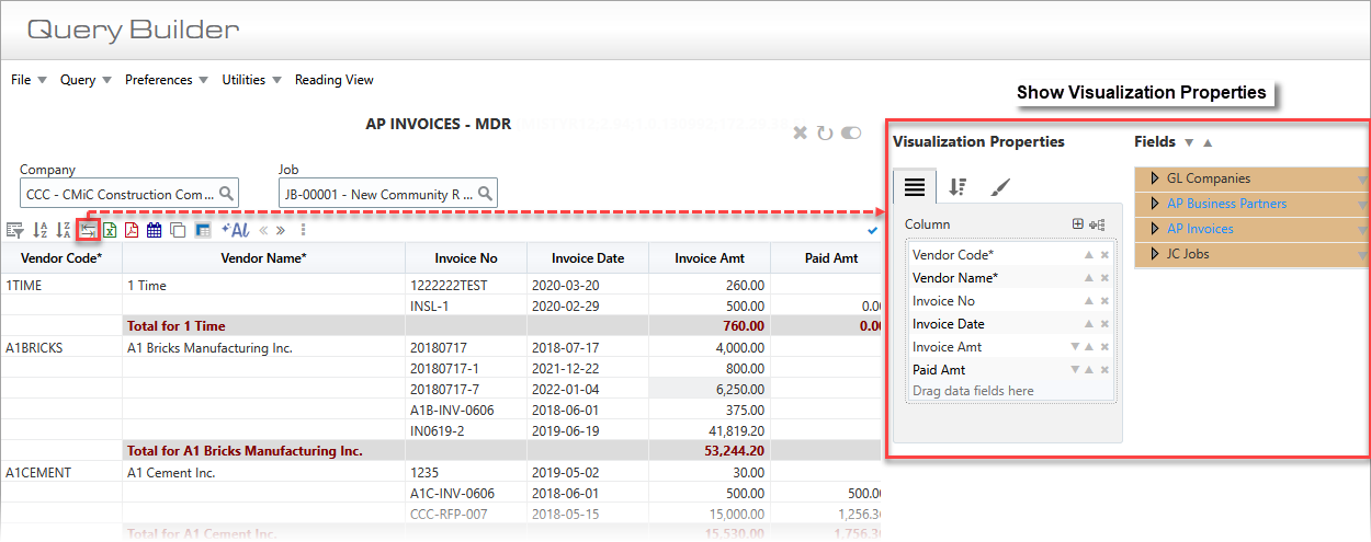 BI Query Builder - Toolbars