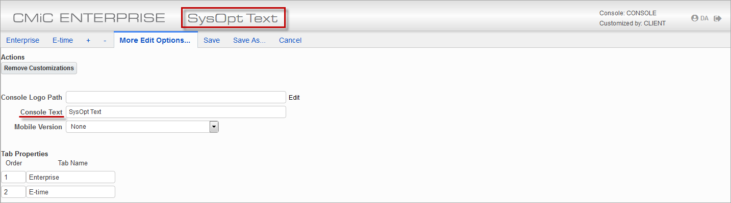 UI Console - More Edit Options Tab
