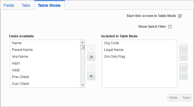 Table Mode – Tab