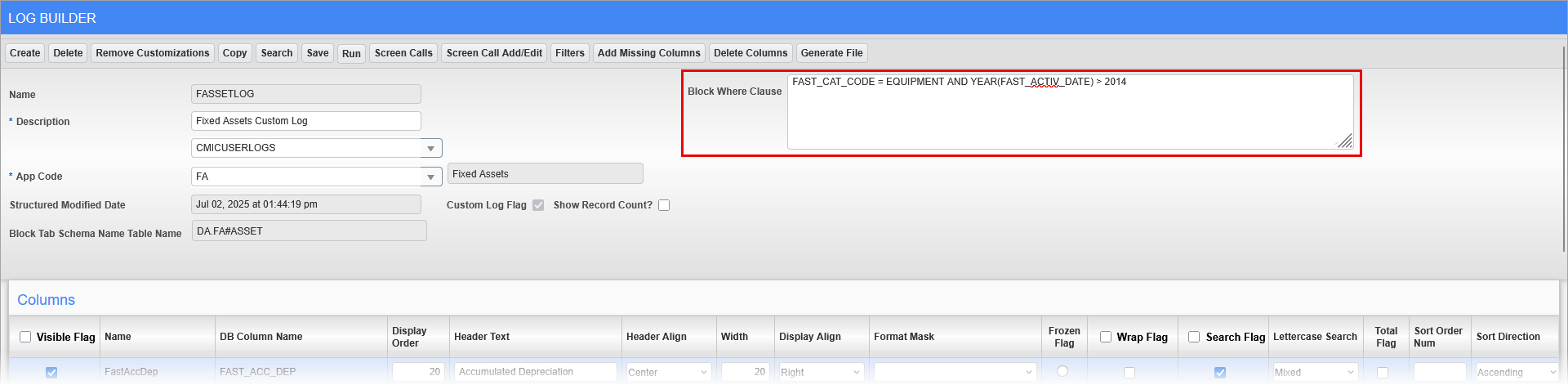Log Builder - Specify Where Clause for Log