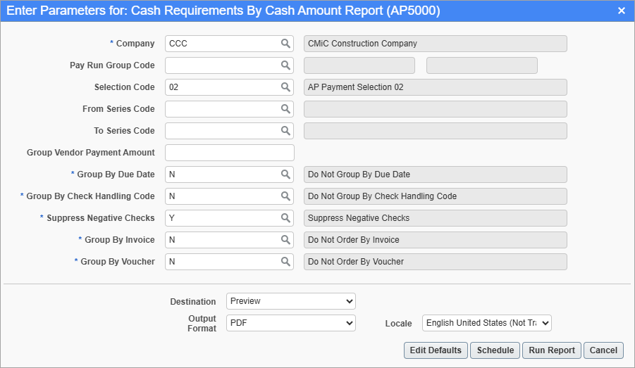 Accounts Payable - Cash Requirements By Cash Amount Report