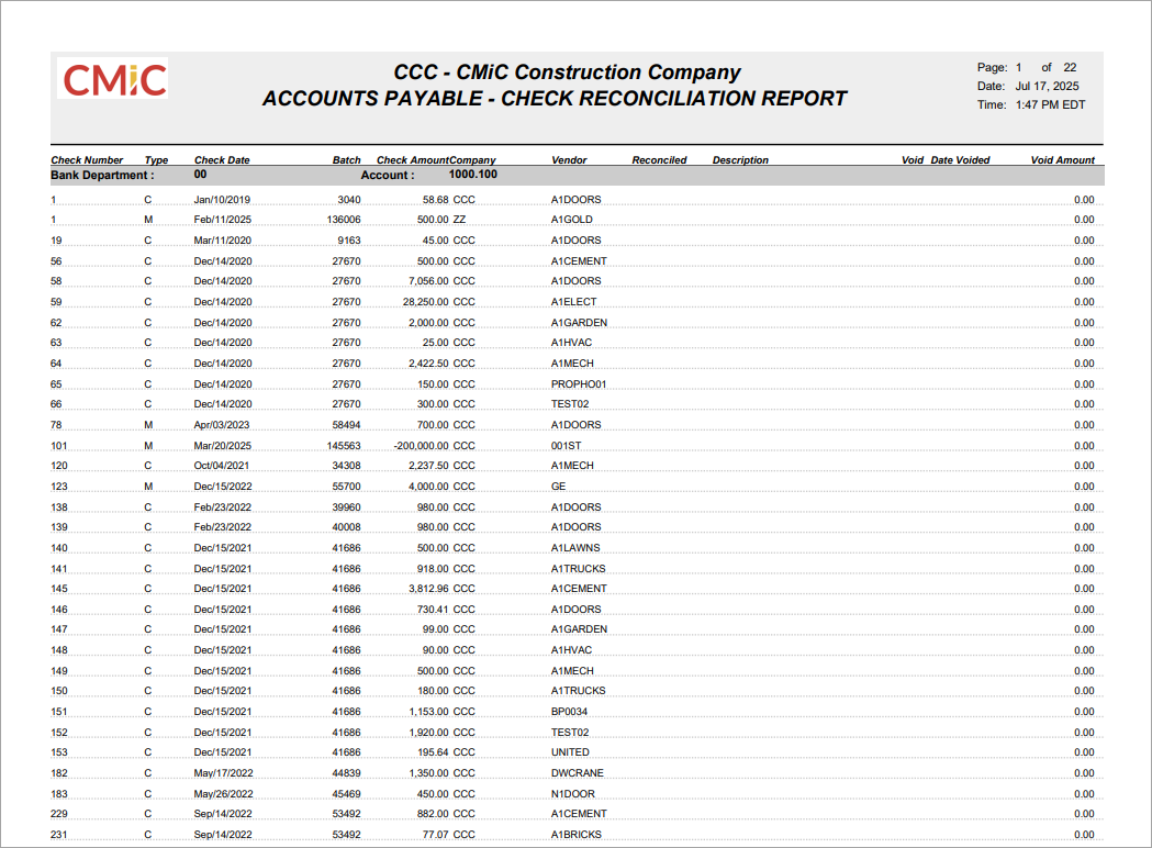 Accounts Payable - Check Reconciliation Report