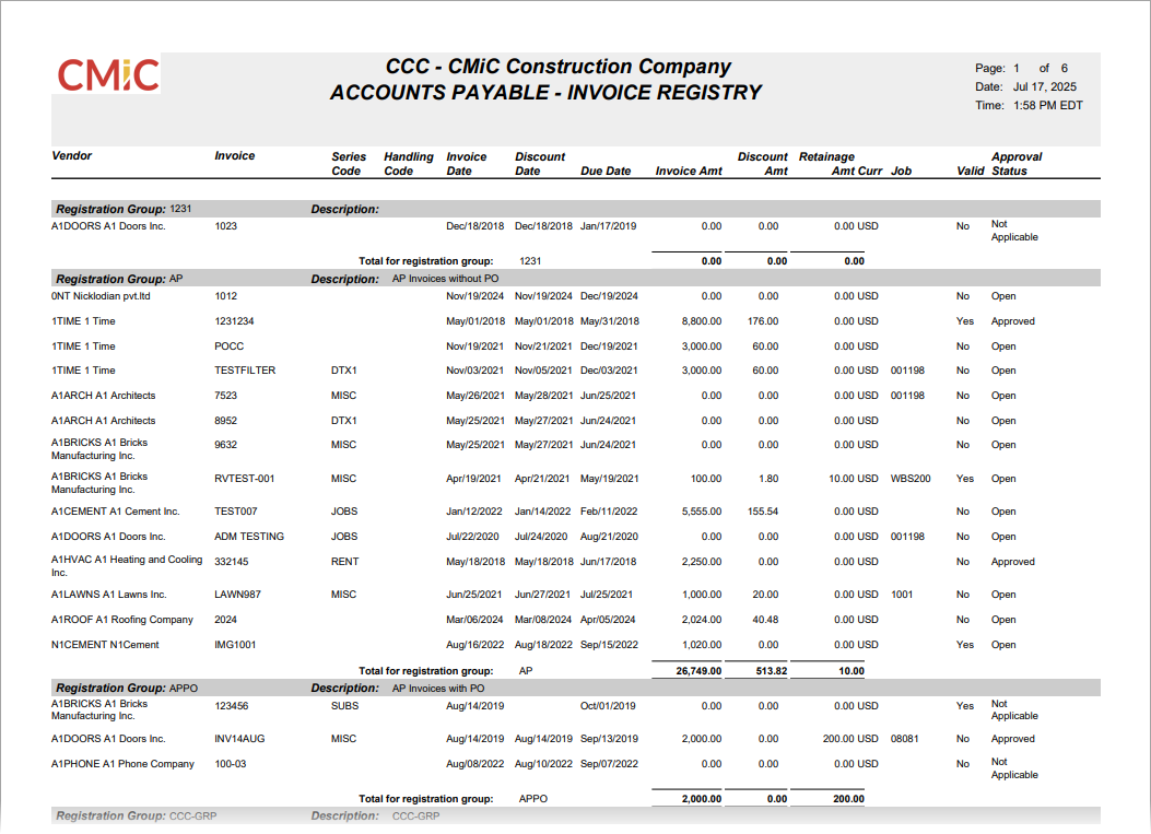 Accounts Payable - Invoice Registry Report