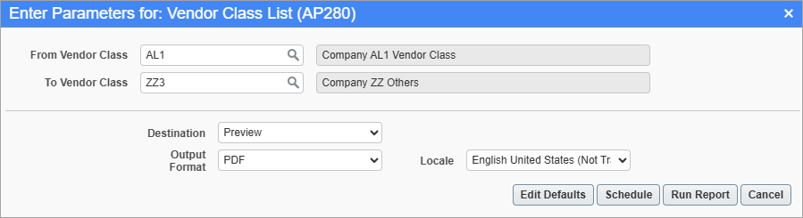 Accounts Payable - Vendor Class List