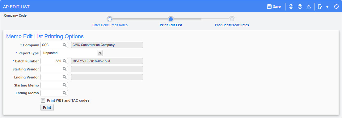 Accounts Payable - Print Edit List for Debit/Credit Memos