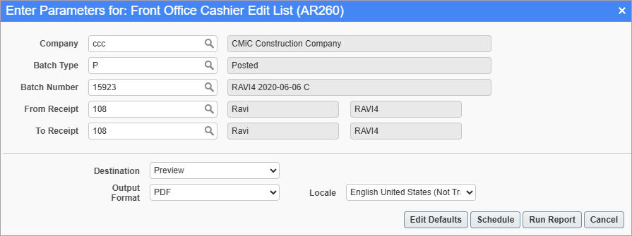 Accounts Receivable - Front Office Cashier Edit List