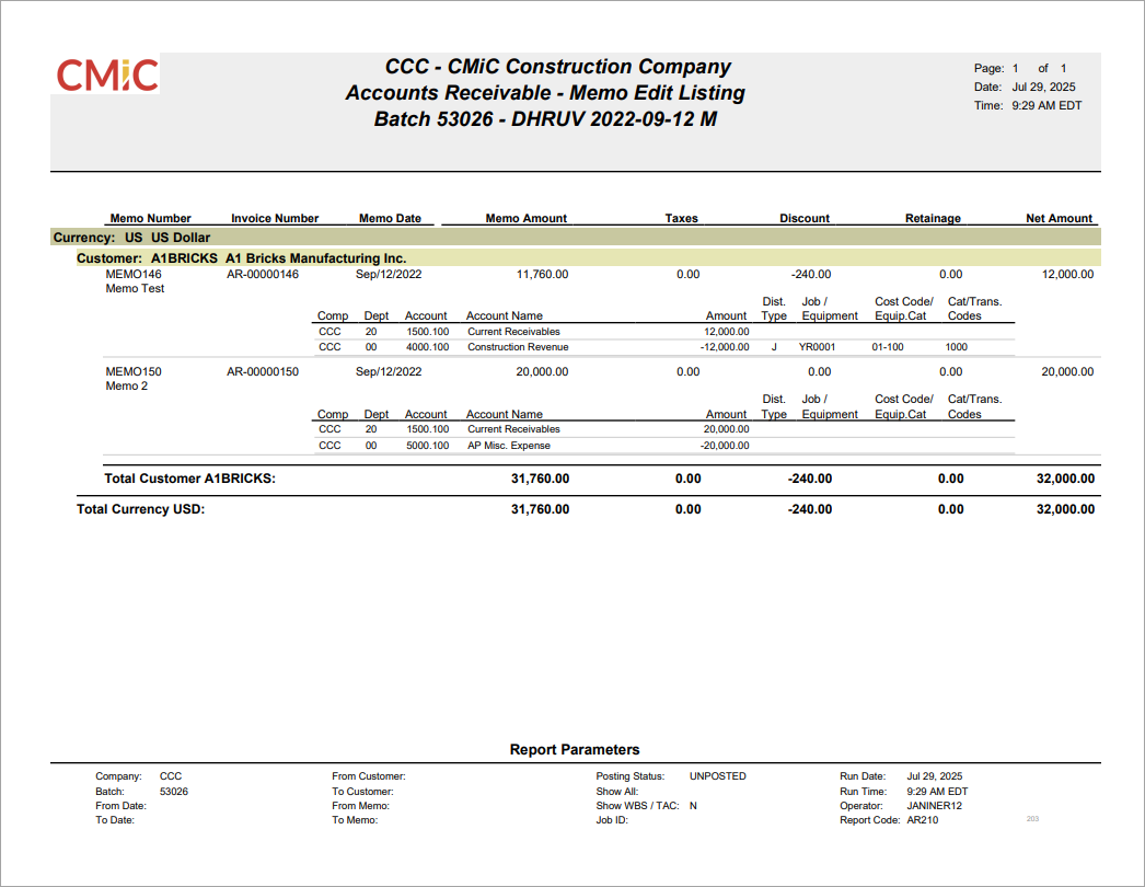 Accounts Receivable - Memo Edit Posted Listing