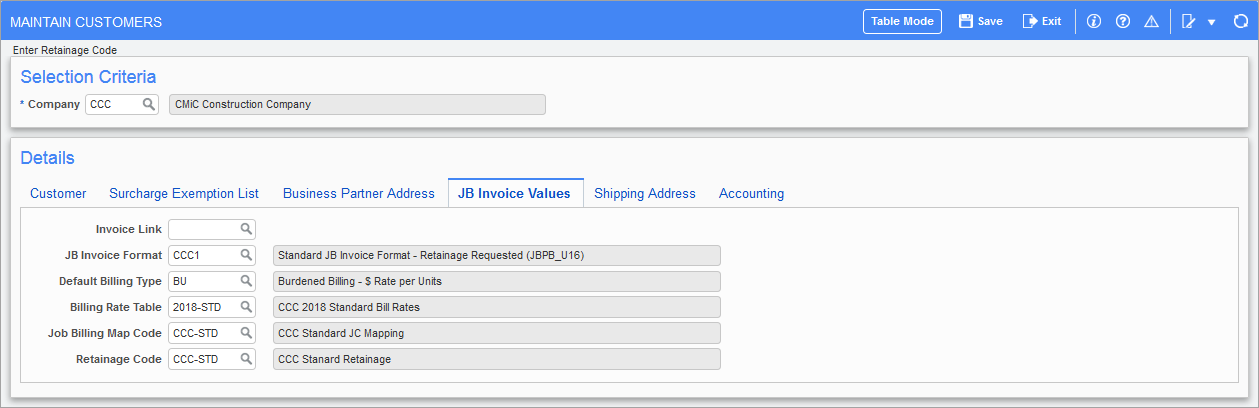Accounts Receivable - Maintain Customers - JB Invoice Values - Tab