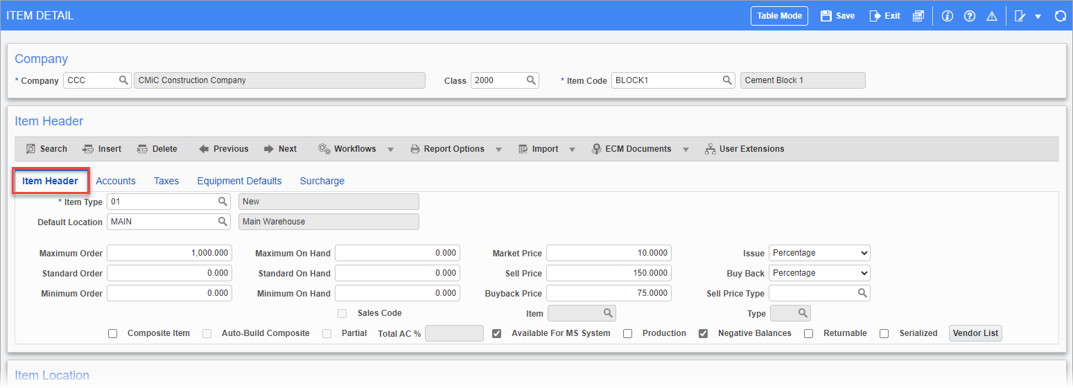 Item Header