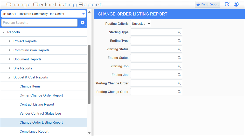 CMiC Field - Change Order Listing Report