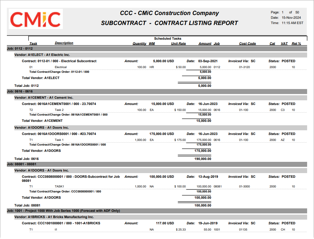 CMiC Field - Contract Listing Report