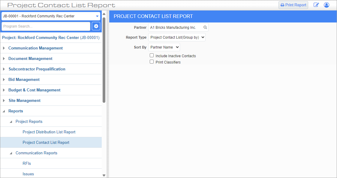 CMiC Field - Project Contact List Report
