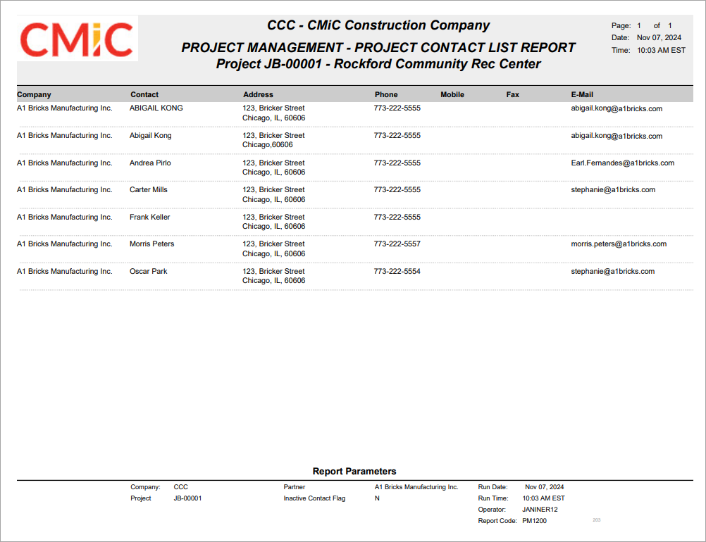 CMiC Field - Project Contact List Report