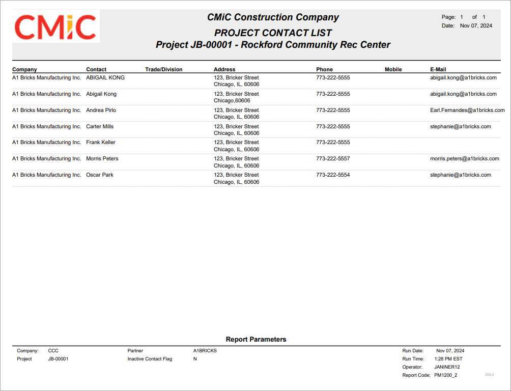 CMiC Field - Project Contact List Report