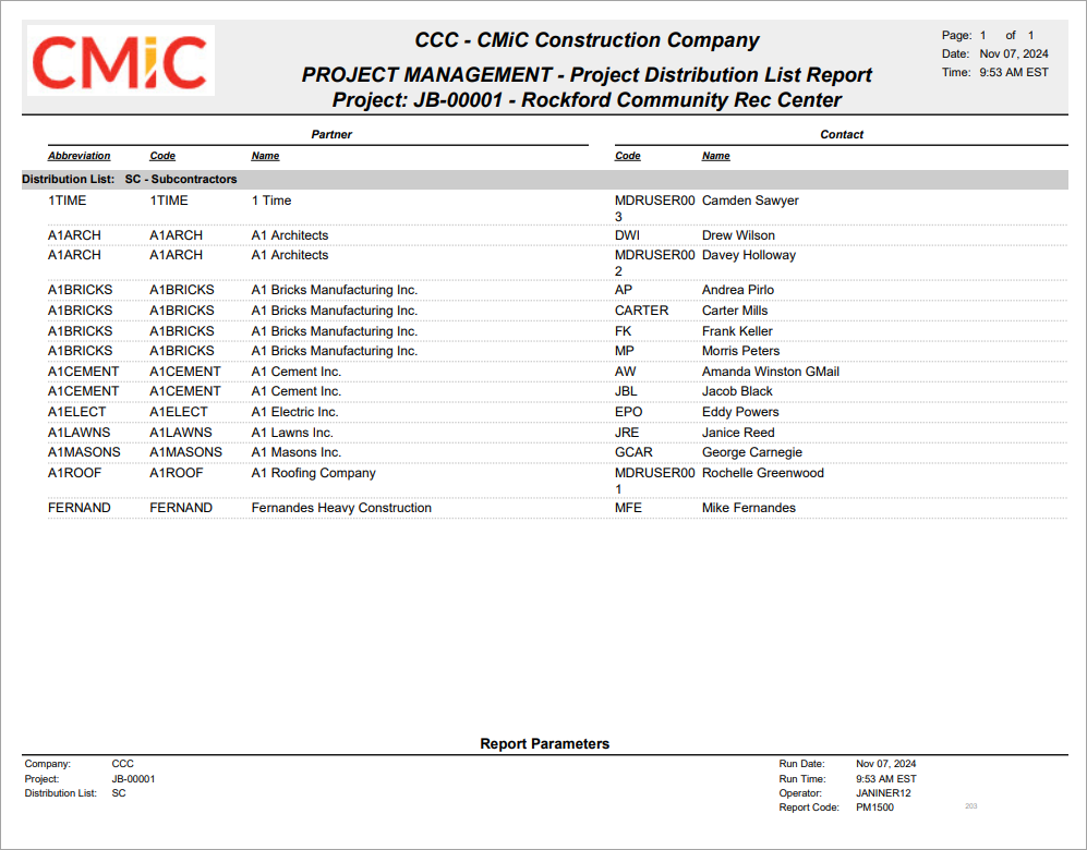 CMiC Field - Project Distribution List Report
