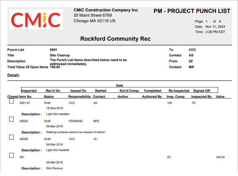 Punch List Reports