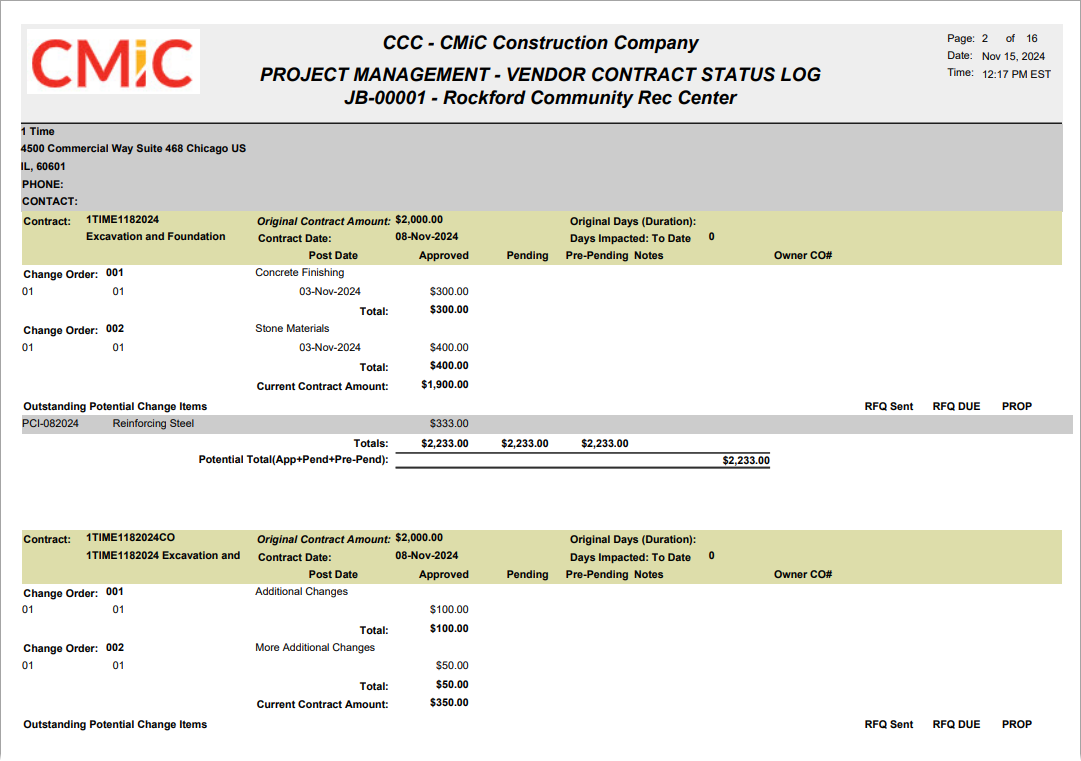 CMiC Field - Vendor Contract Status Log