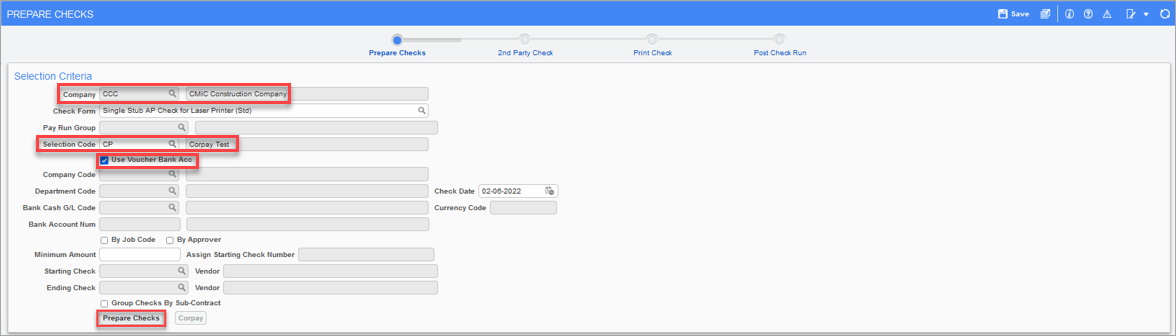 Preparing Checks for a Selection Code