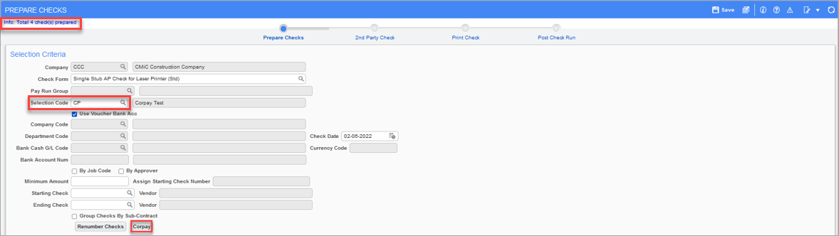 Preparing Checks for a Selection Code