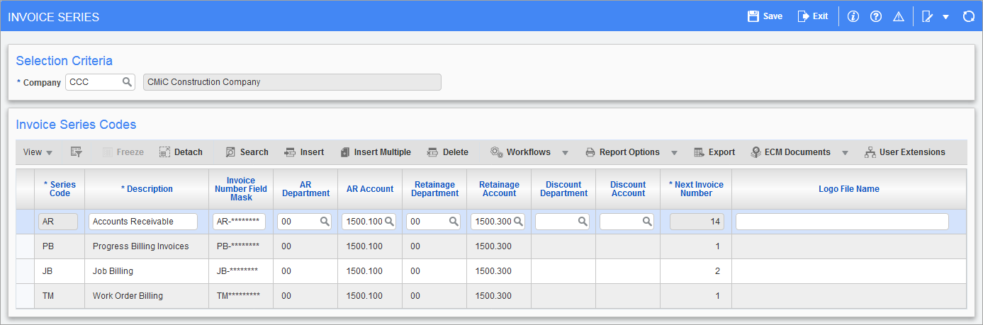 Work Order Billing - AR Invoice Series Codes