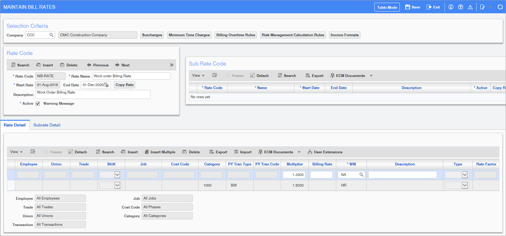 Work Order Billing - Billing Rates