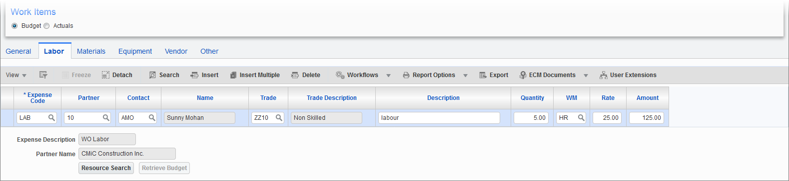 Work Order Billing - Work Item - Labor Tab