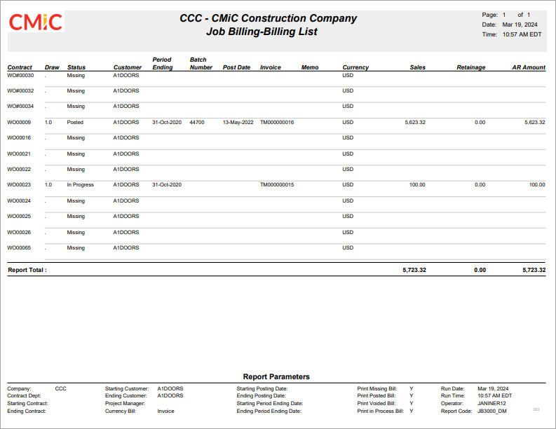 Work Order Billing - Billing List