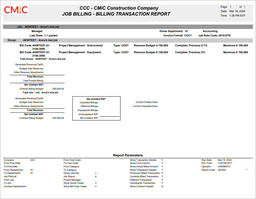 Work Order Billing - Billing Transactions