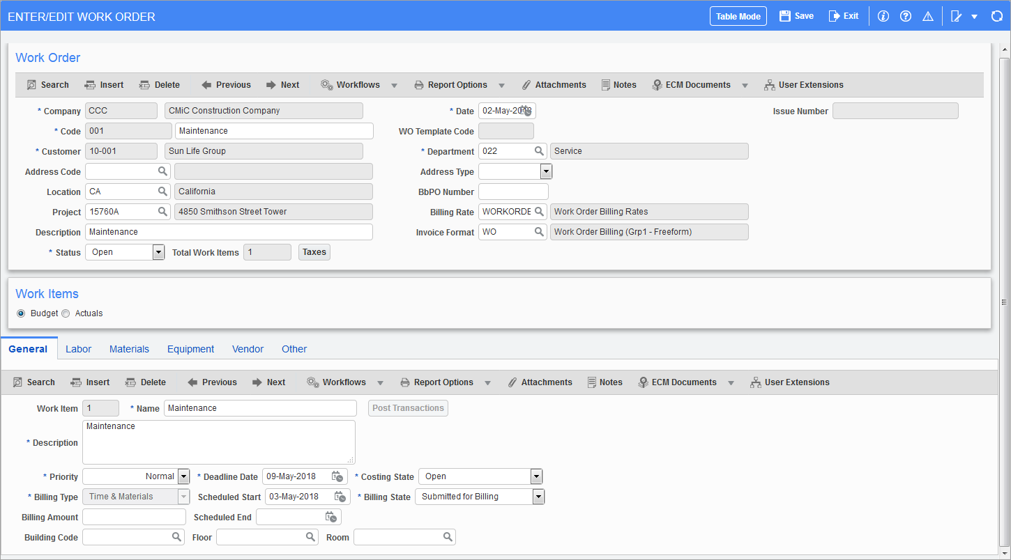 Work Order Billing - Entering a Work Order