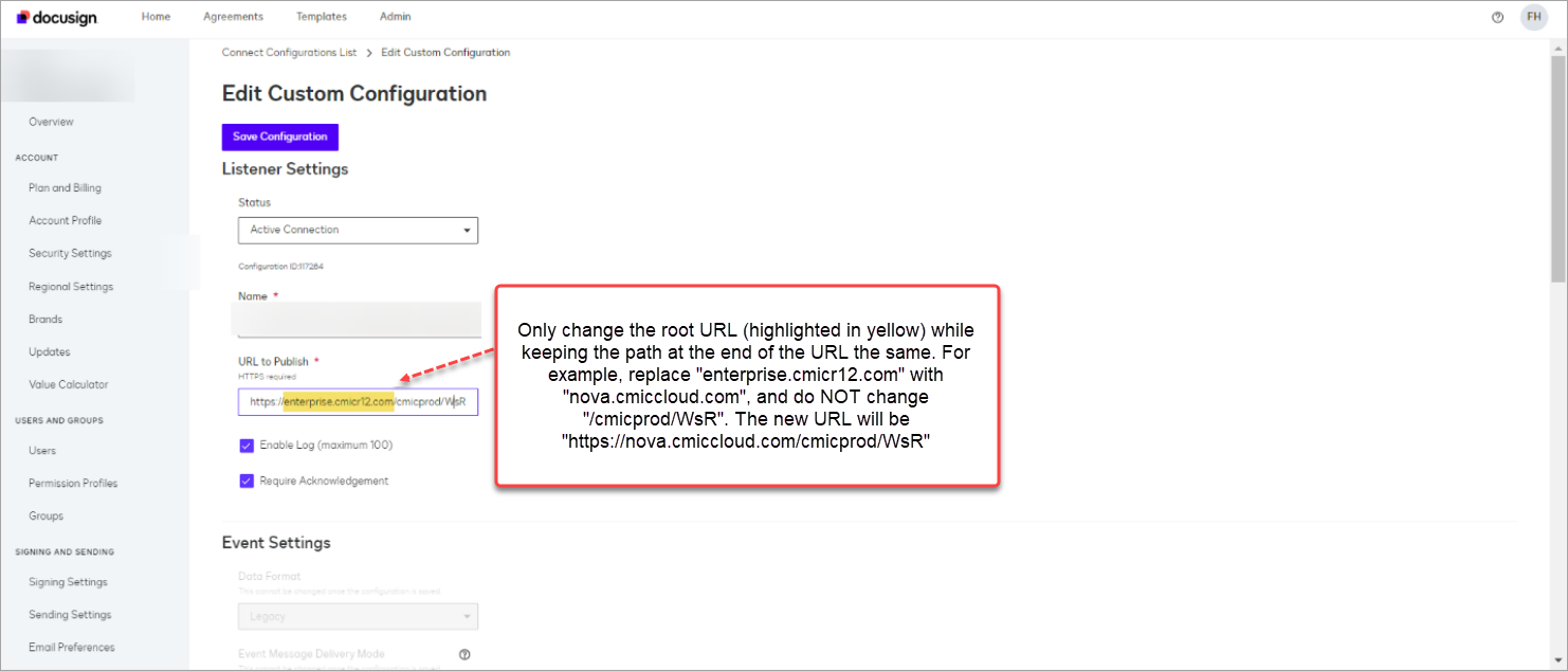 DocuSign Integration - DocuSign Integration URL Update for Cloud