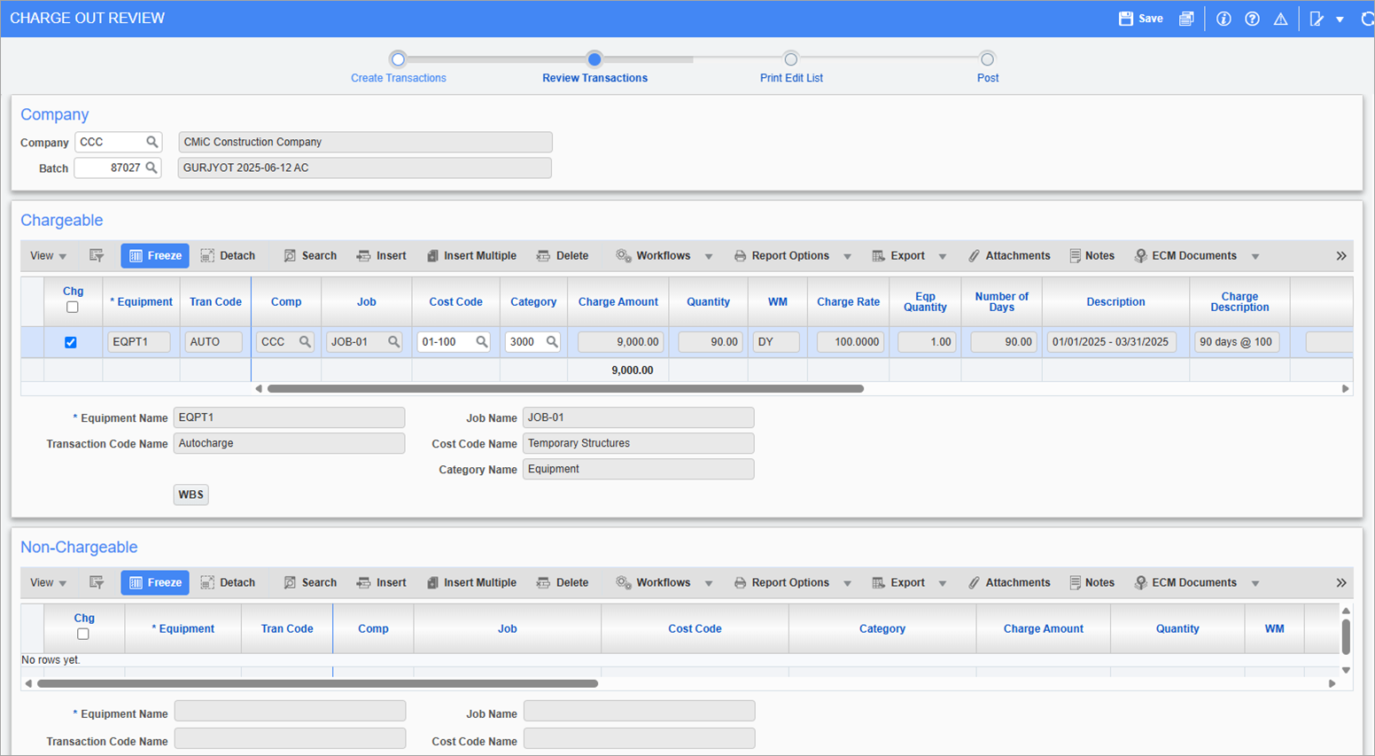 Equipment Costing - Entering Actual Location Adjustments