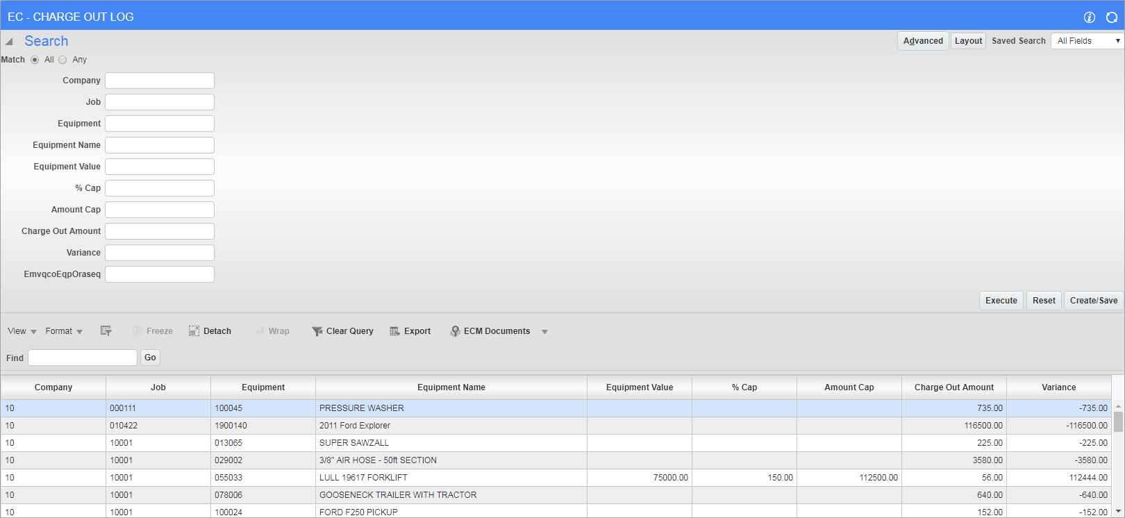 Charge Out Detail Log