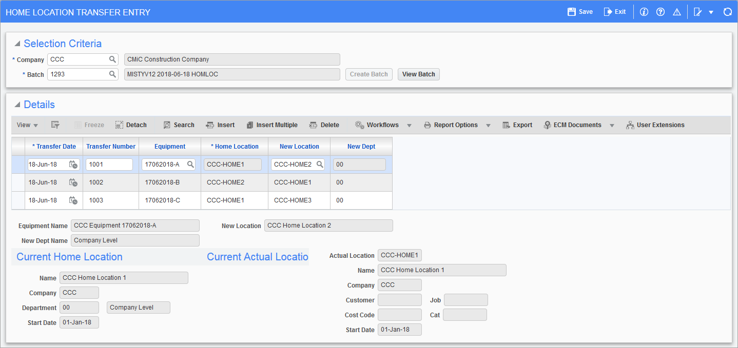 Equipment Costing - Home Location Transfer
