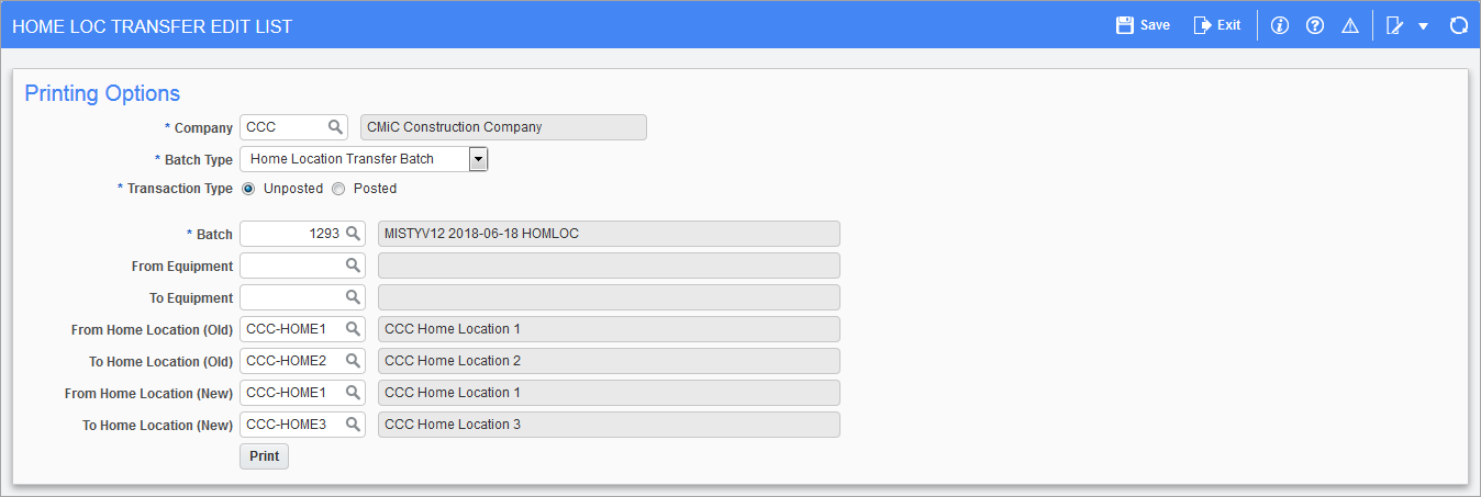 Equipment Costing - Home Location Transfer