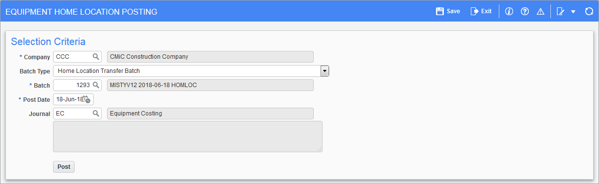 Equipment Costing - Home Location Transfer