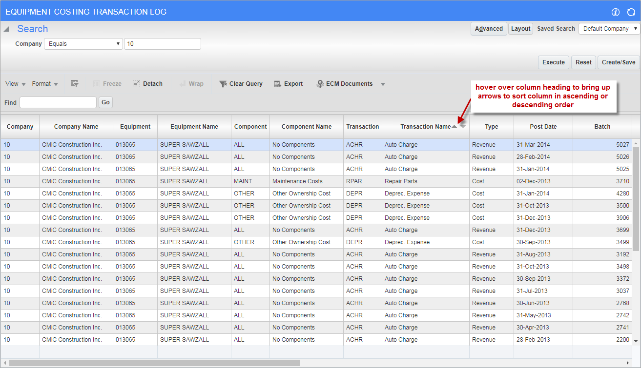 Equipment Costing - Transaction Detail Log