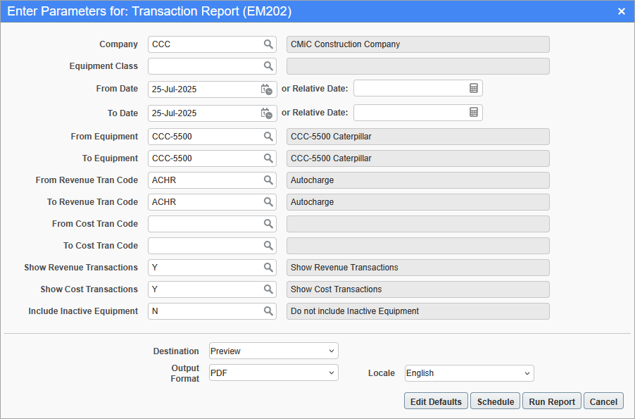 Equipment Costing - Transaction Report