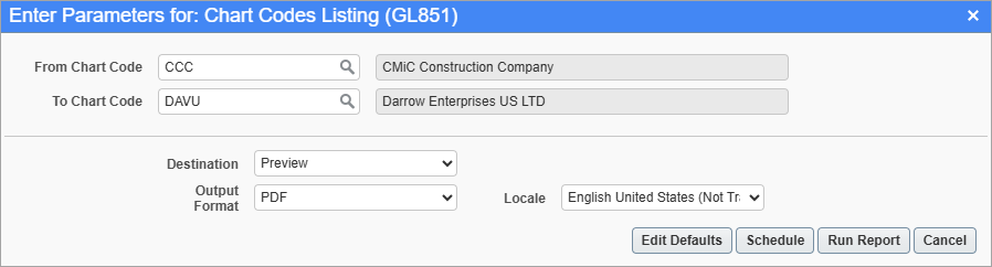 General Ledger - Chart Codes Listing