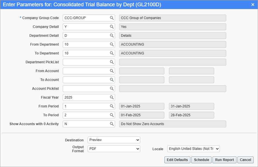 General Ledger - Consolidated Trial Balance by Department Report