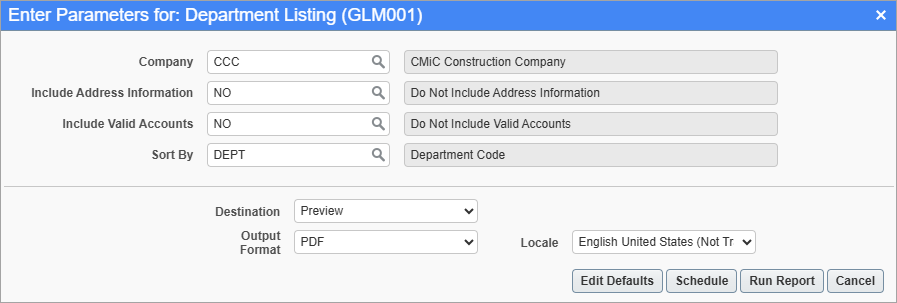 General Ledger - Department Listing