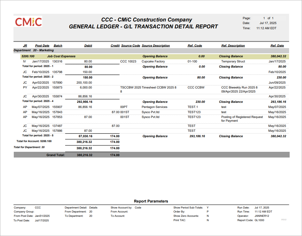 General Ledger - Detail Transaction Report