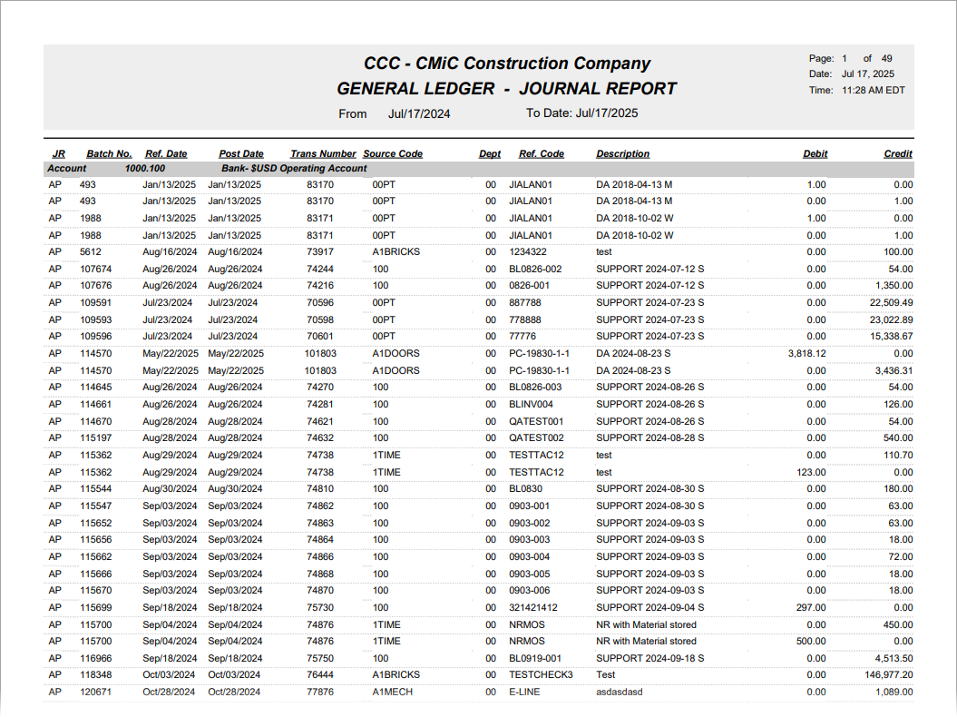General Ledger - Journal Report