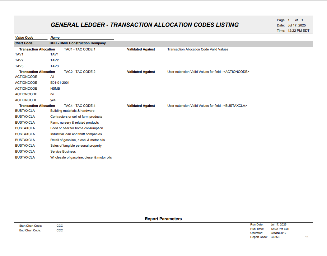 General Ledger - Transaction Allocation Codes Listing