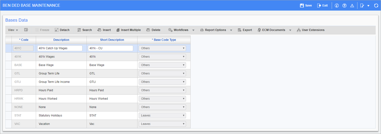 Human Resources - Benefit and Deduction Base Codes