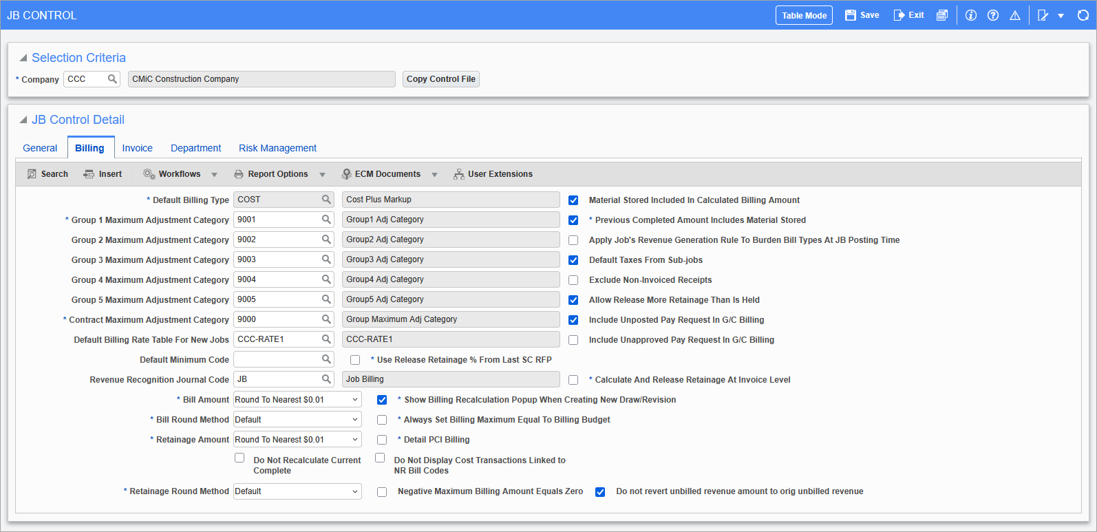 Job Billing - JB Control File - Billing - Tab