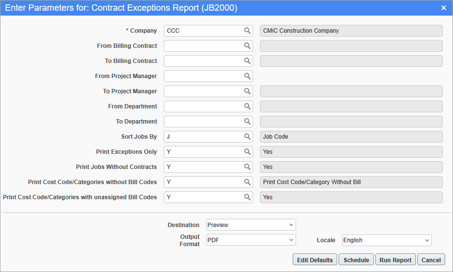 Job Billing Contract Exceptions Report