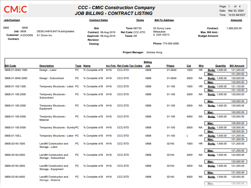Job Billing - Contract Listing