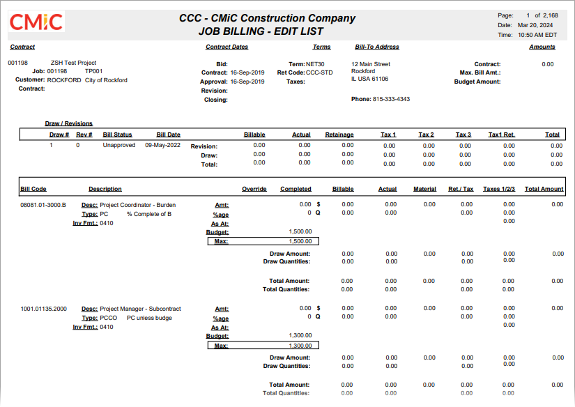 Job Billing - Job Billing Edit List